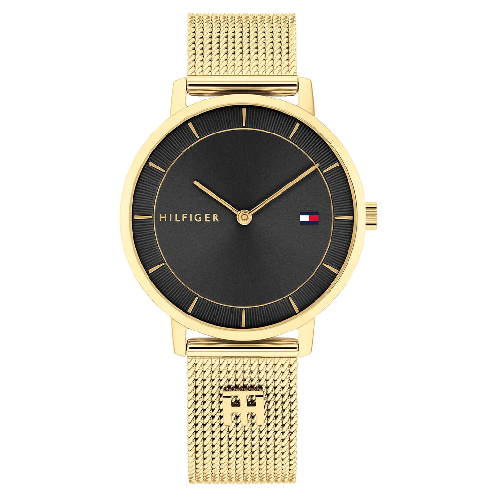 Tommy Hilfiger Gold Steel Mesh Black Dial Women's Watch - 1782739